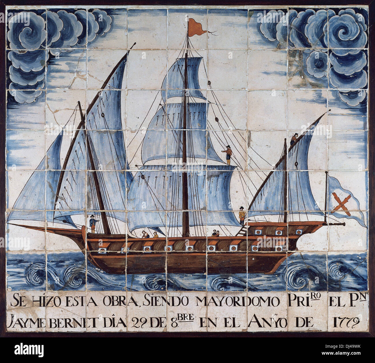 Panel of ceramic polychrome tiles depicting a bergantina. 1779. From ...