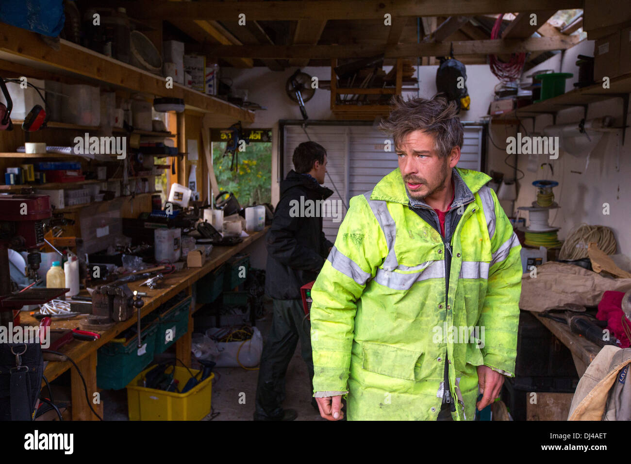 Hugh Piggott's son doing maintenance on his home made wind turbines in ...