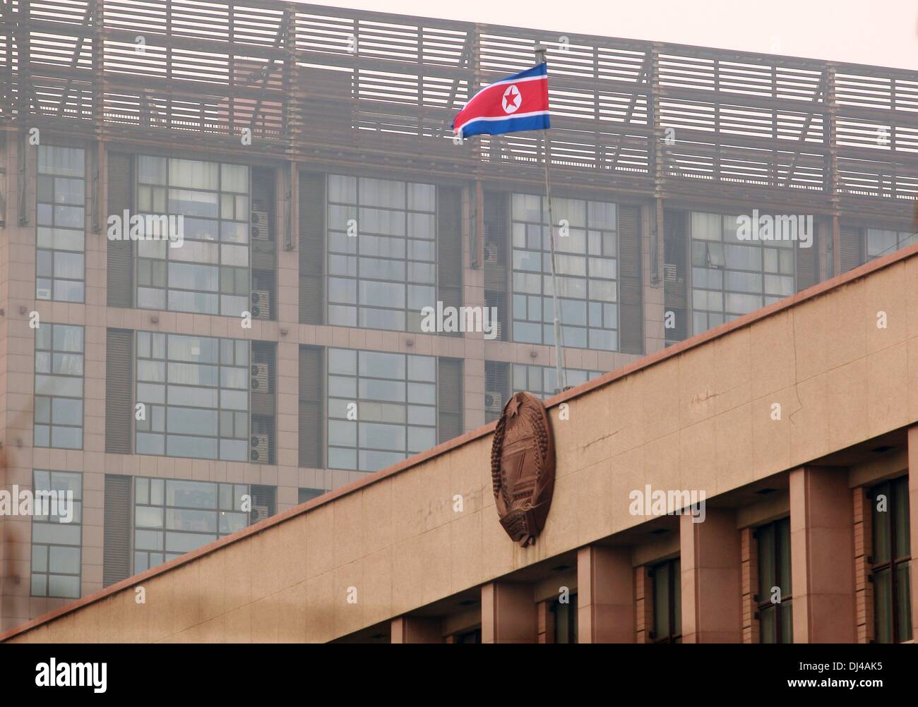 Beijing, CHINA, China. 22nd March, 2013. The North Korean flag flies ...