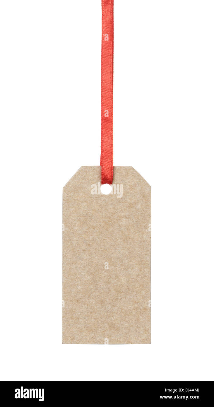 empty tag on ribbon with space for writing something, isolated on white ...