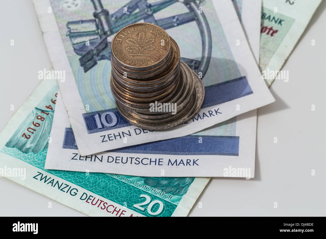 A close up photograph of some Deutsche Mark (Deutschmark; German Mark ...