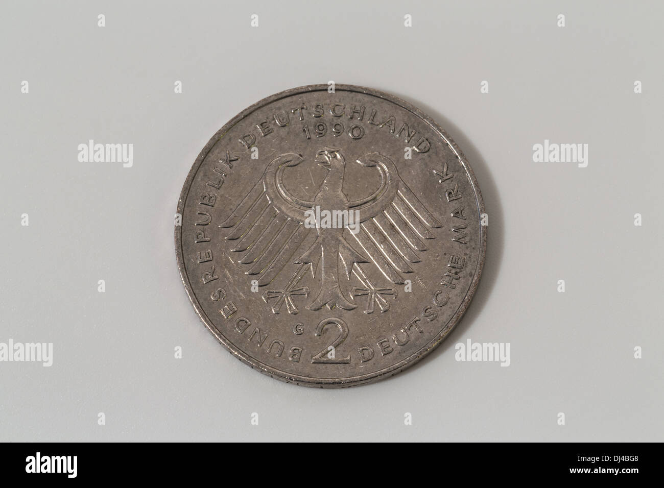 A close up photograph of 2 Deutsche Marks (Deutschmark; German Mark). A ...