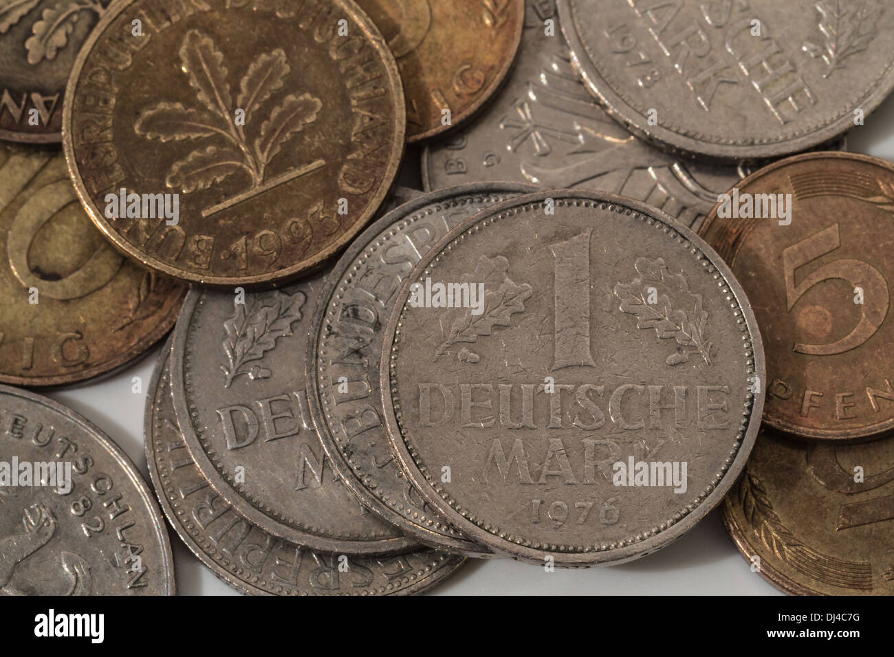 A close up photograph of a pile of Deutsche Mark (Deutschmark; German ...