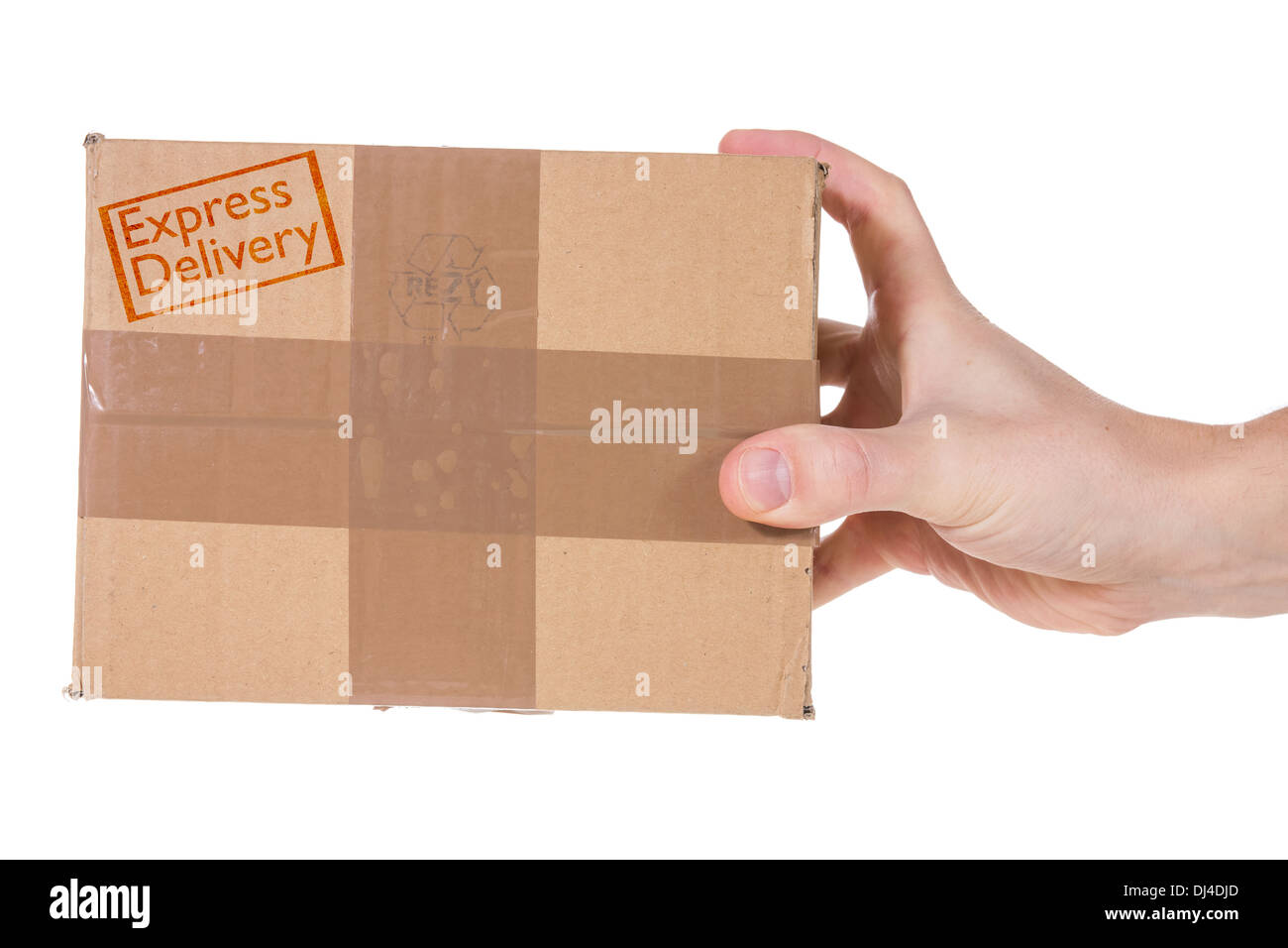 Express Delivery. Hand with package parcel isolated on white background ...