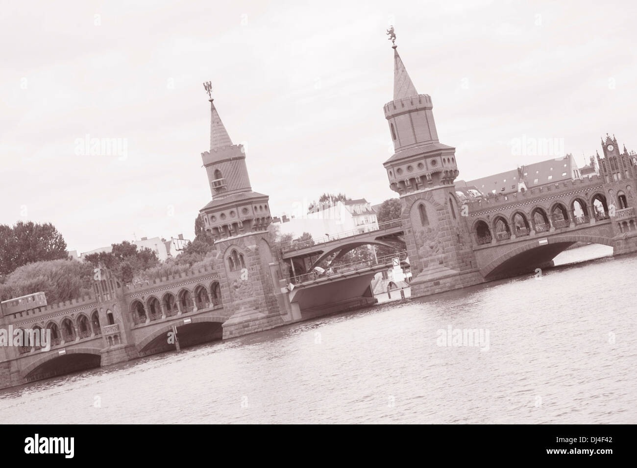 Oberbaumbrucke Bridge on River Spree, Berlin; Germany in Black and ...