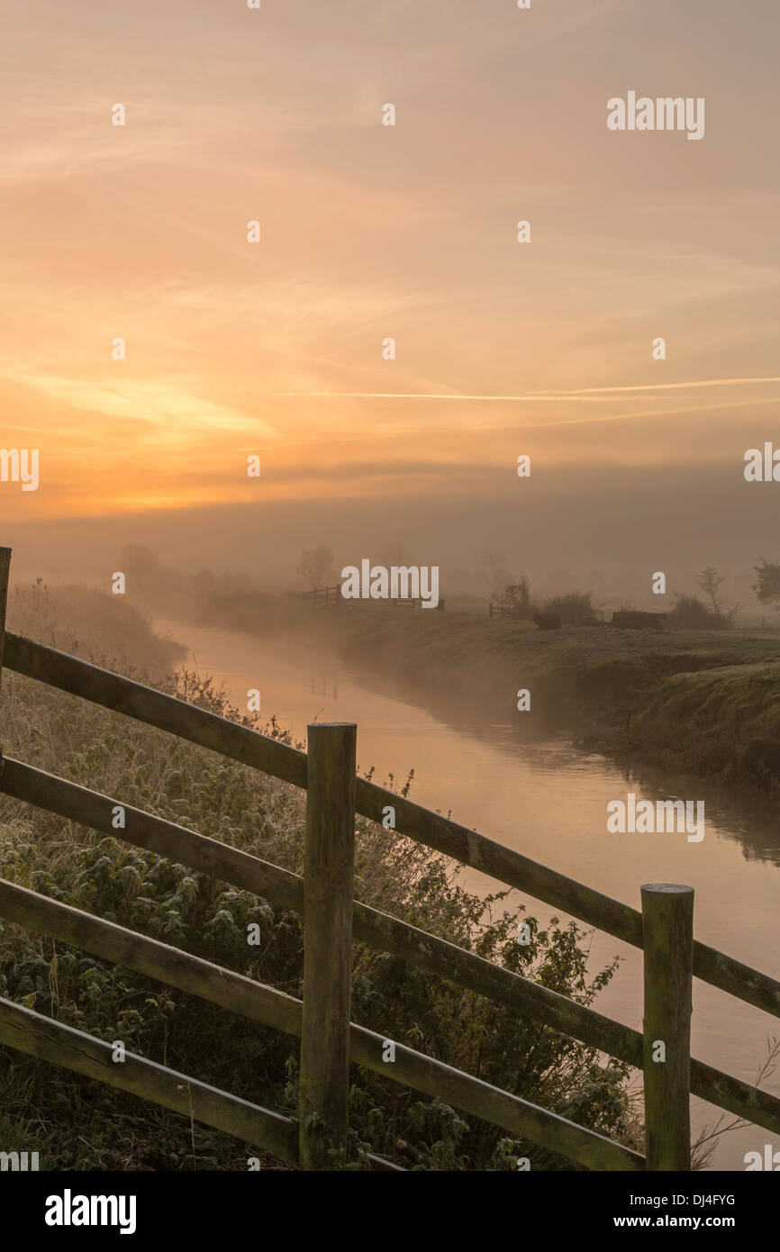 Early morning mist on the River Brue, Somerset Levels, Somerset ...