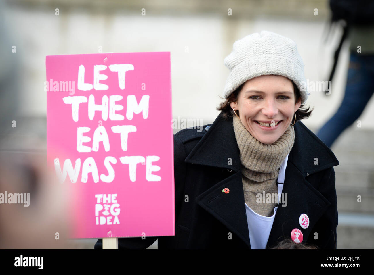 chef Thomasina Miers, with a sign ' Let them eat waste' at The Pig Idea ...