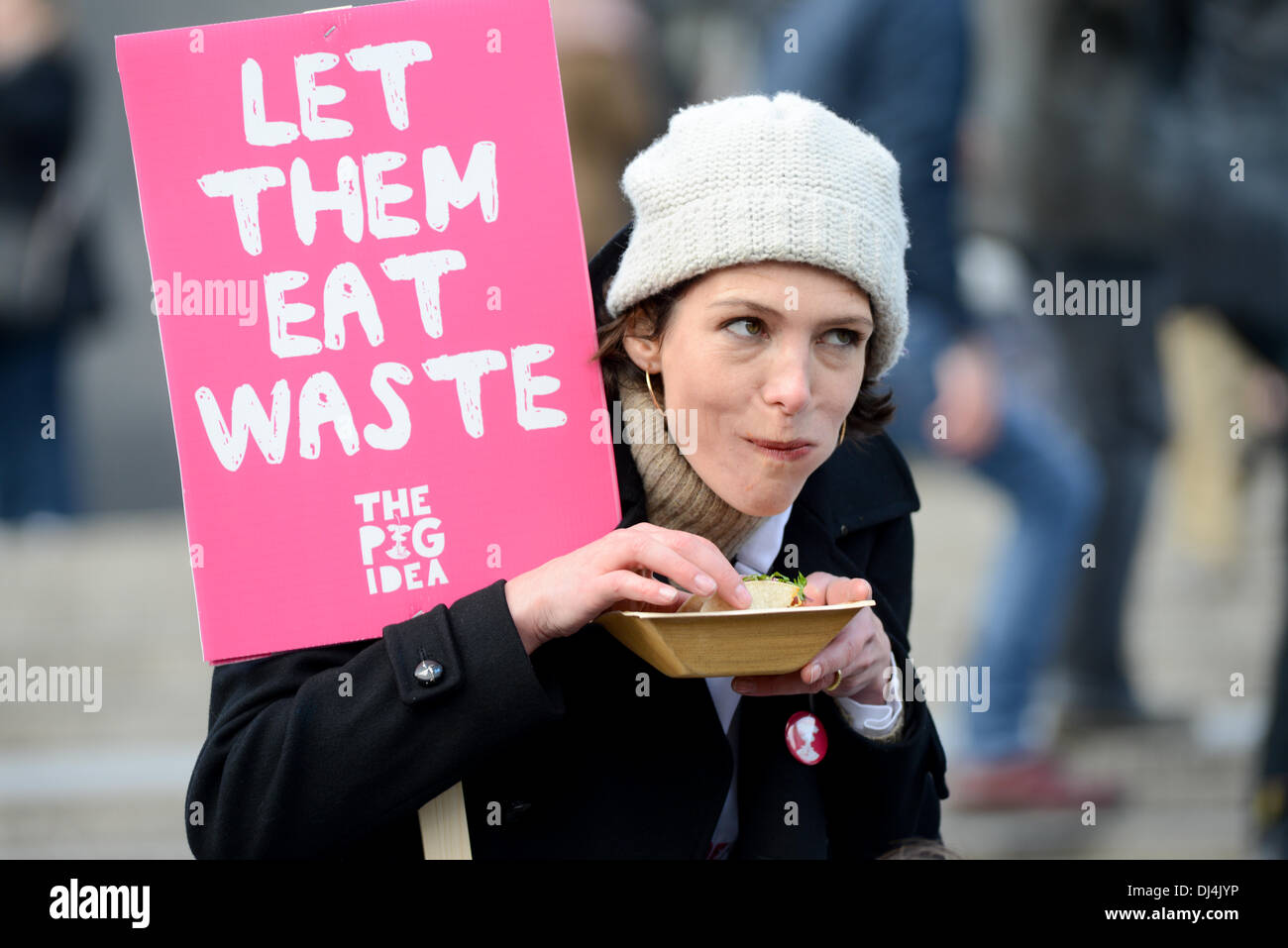 chef Thomasina Miers, with a sign ' Let them eat waste' at The Pig Idea ...