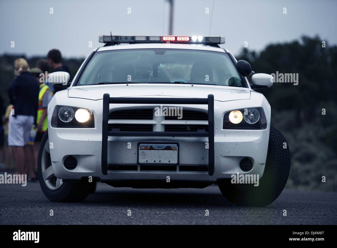 Police Intervention. Police Cruiser on the Road with Flashing Lights ...
