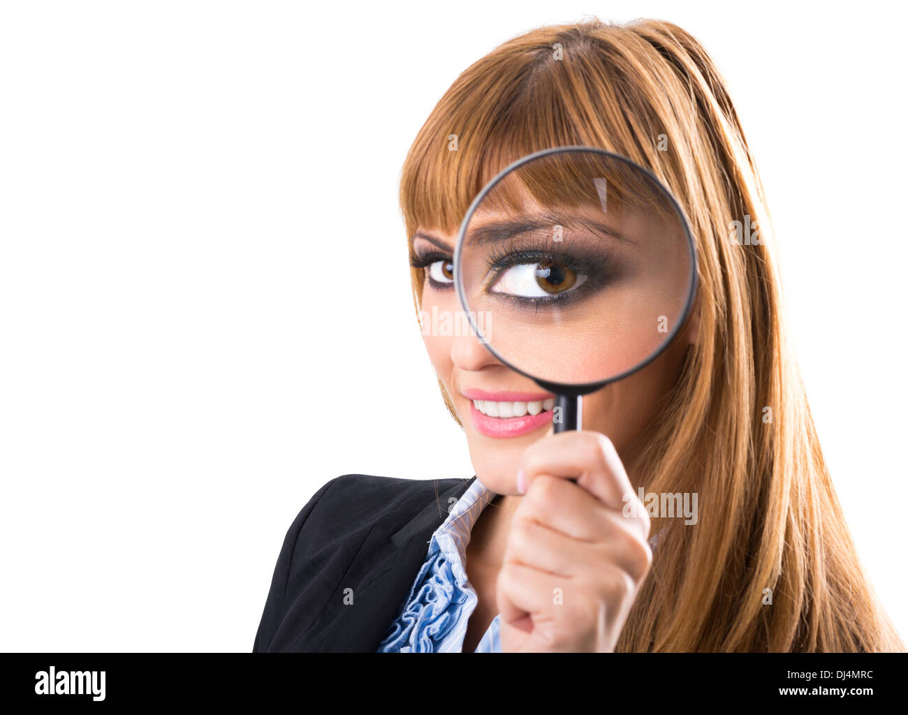 Businesswoman looking through magnifying glass Stock Photo - Alamy