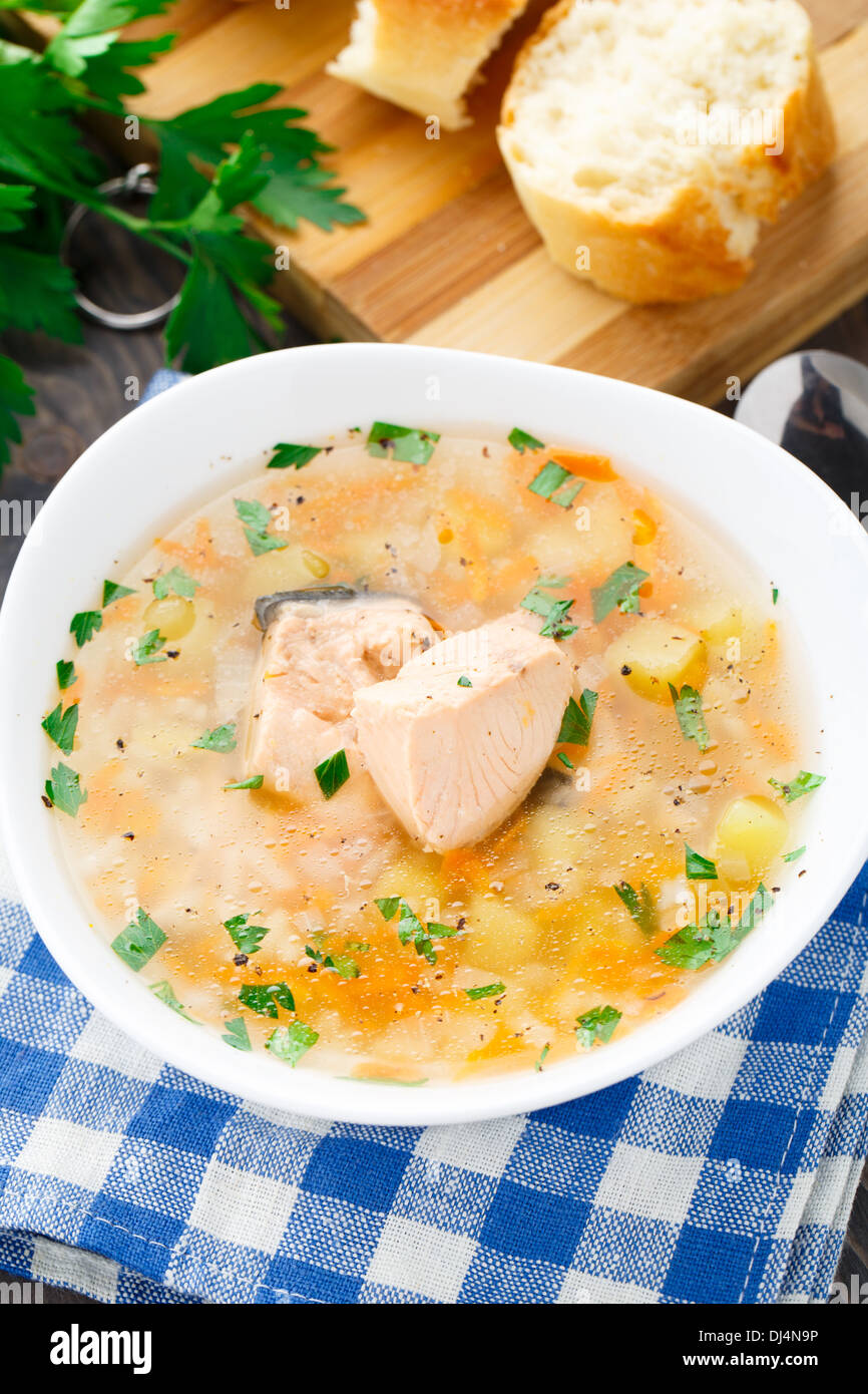 Healthy fish soup made of salmon Stock Photo - Alamy
