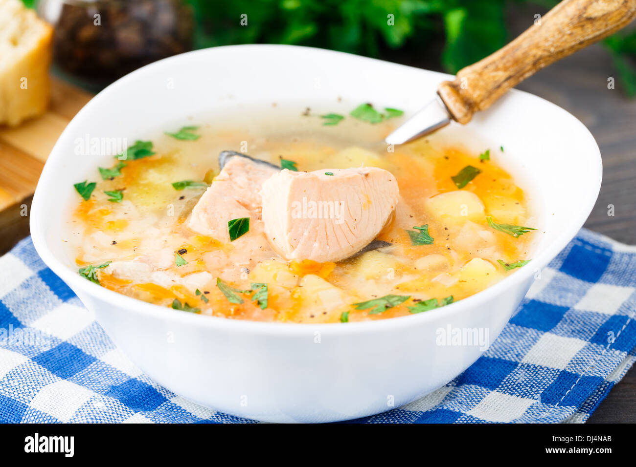 Healthy fish soup made of salmon Stock Photo - Alamy