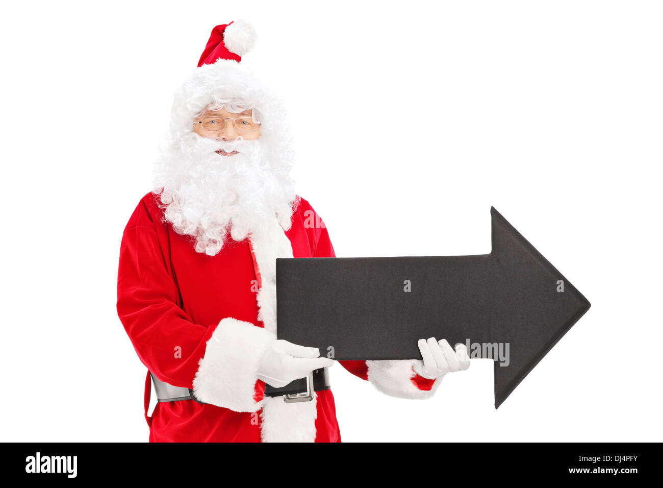 Smiling Santa Claus holding a big black arrow pointing right Stock ...
