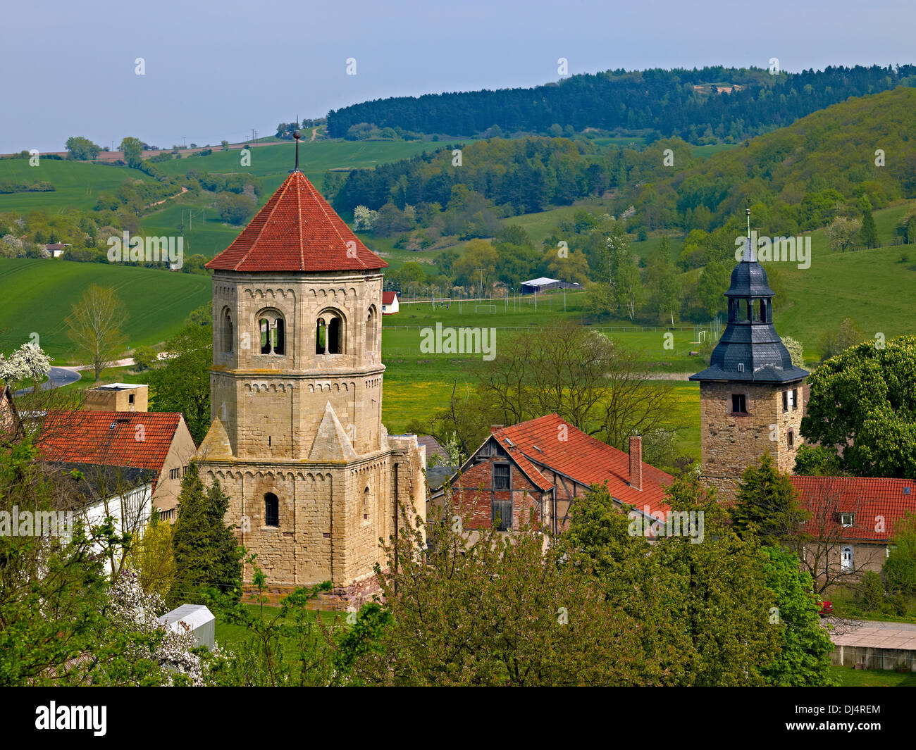Tower of abbey and village church, Göllingen Thuringia, Germany Stock ...