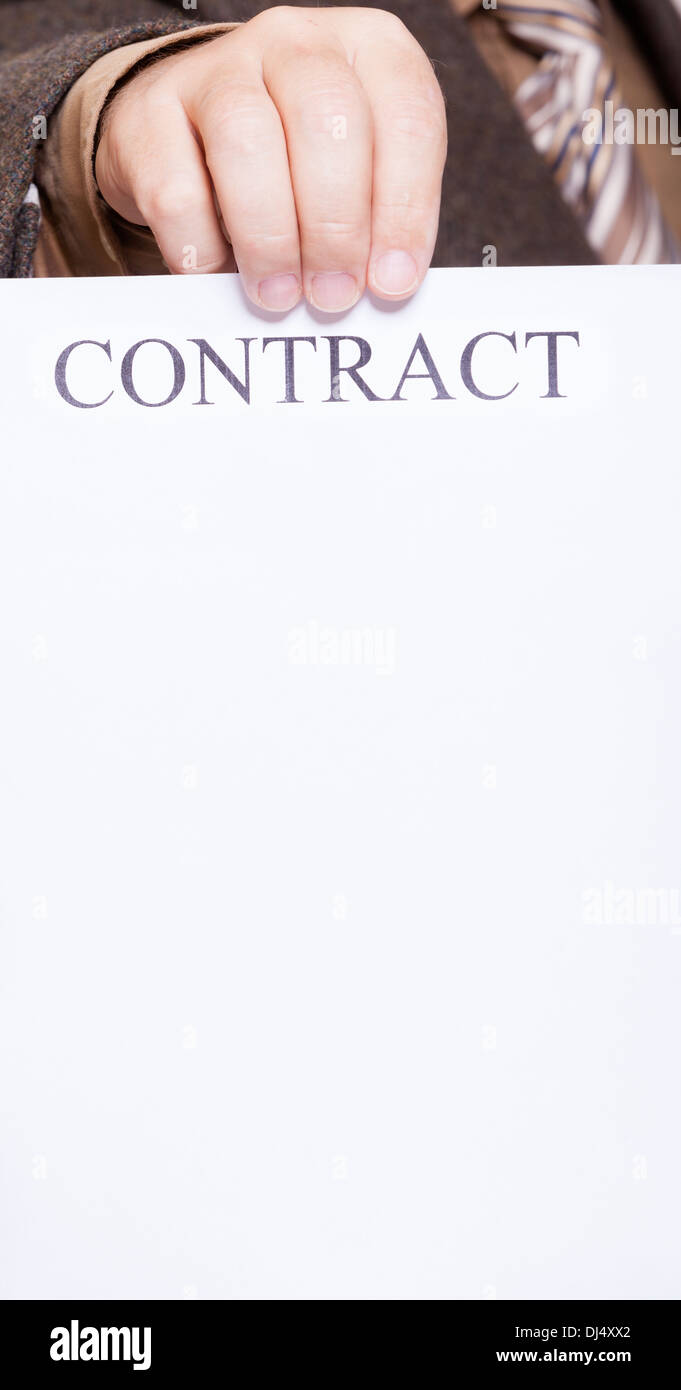 Business concept. Businessman holding blank empty paper sheet with sign ...