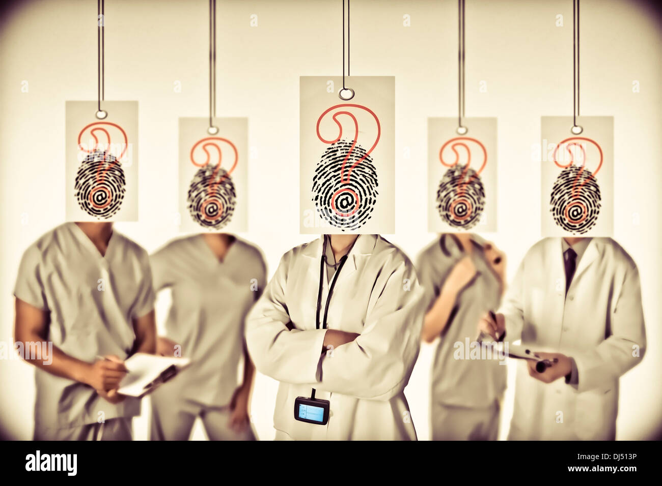 Portrait of people behind interrogation symbol Stock Photo - Alamy