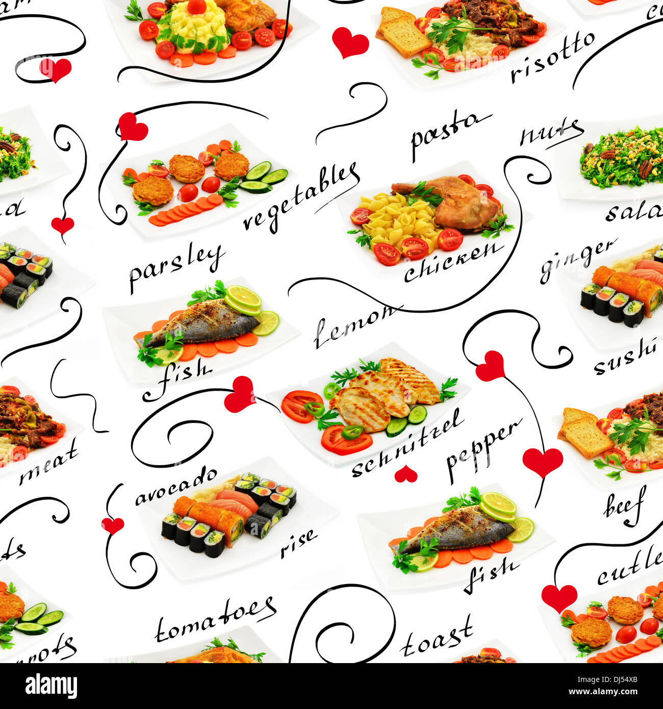 Mix of different food, decorated sketches. Seamless background Stock ...