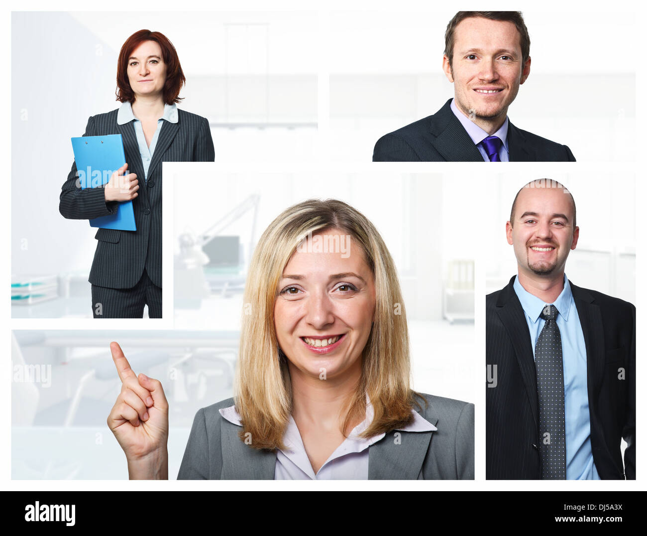 smiling caucasian business people background Stock Photo - Alamy
