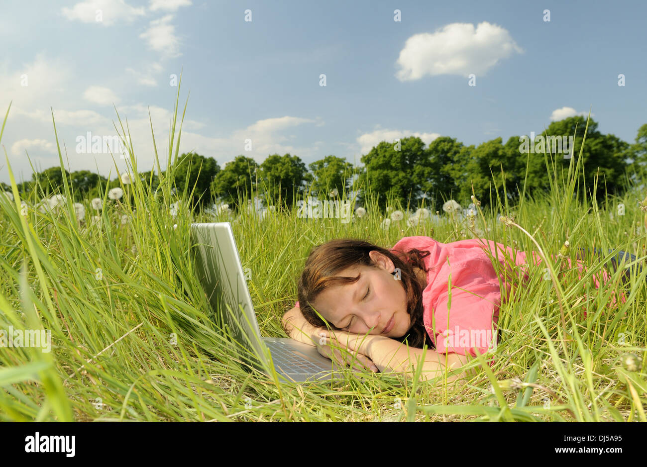 young woman sleeping on laptop Stock Photo - Alamy