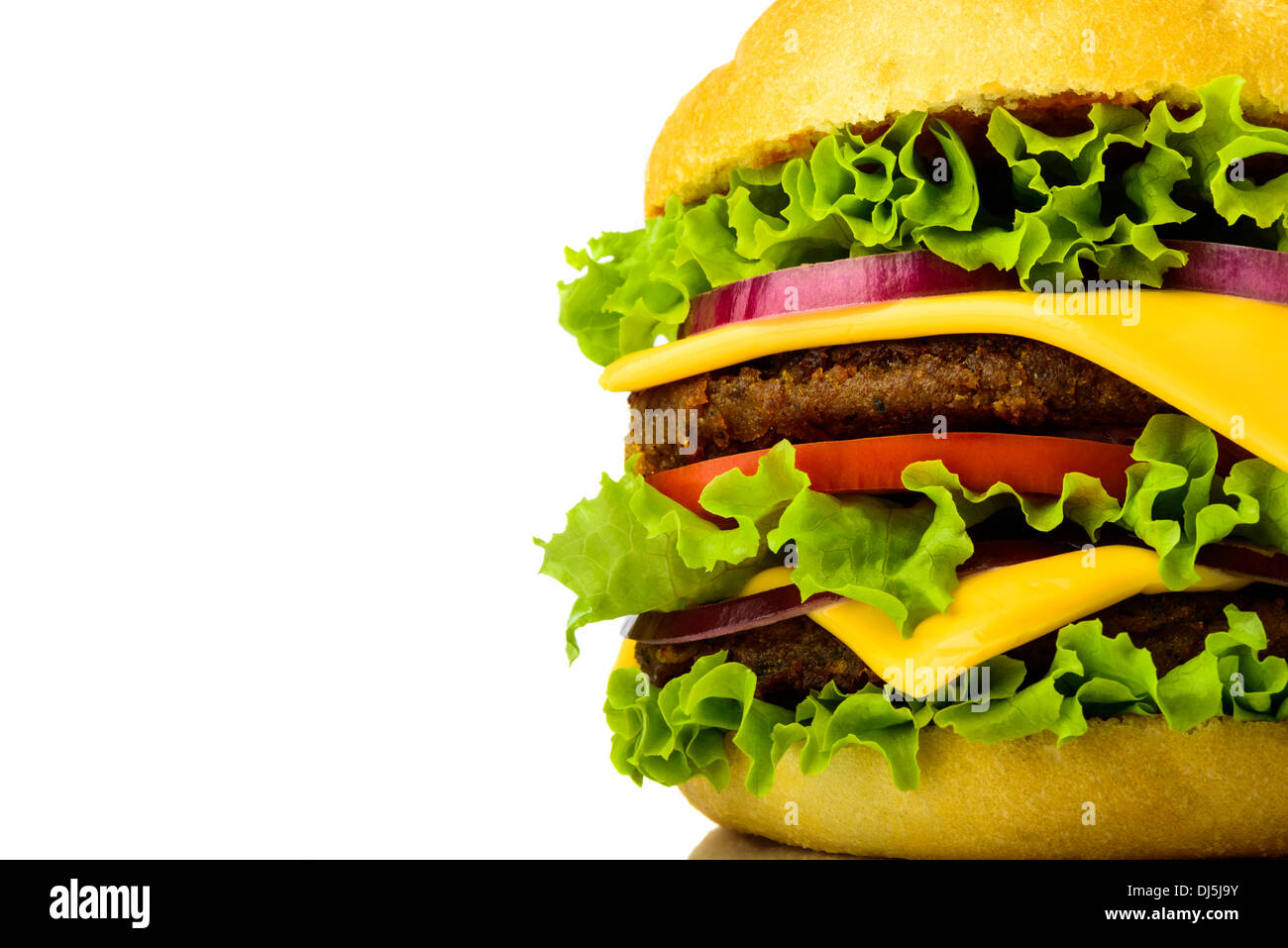 hamburger closeup detail on a white background with text copyspace ...