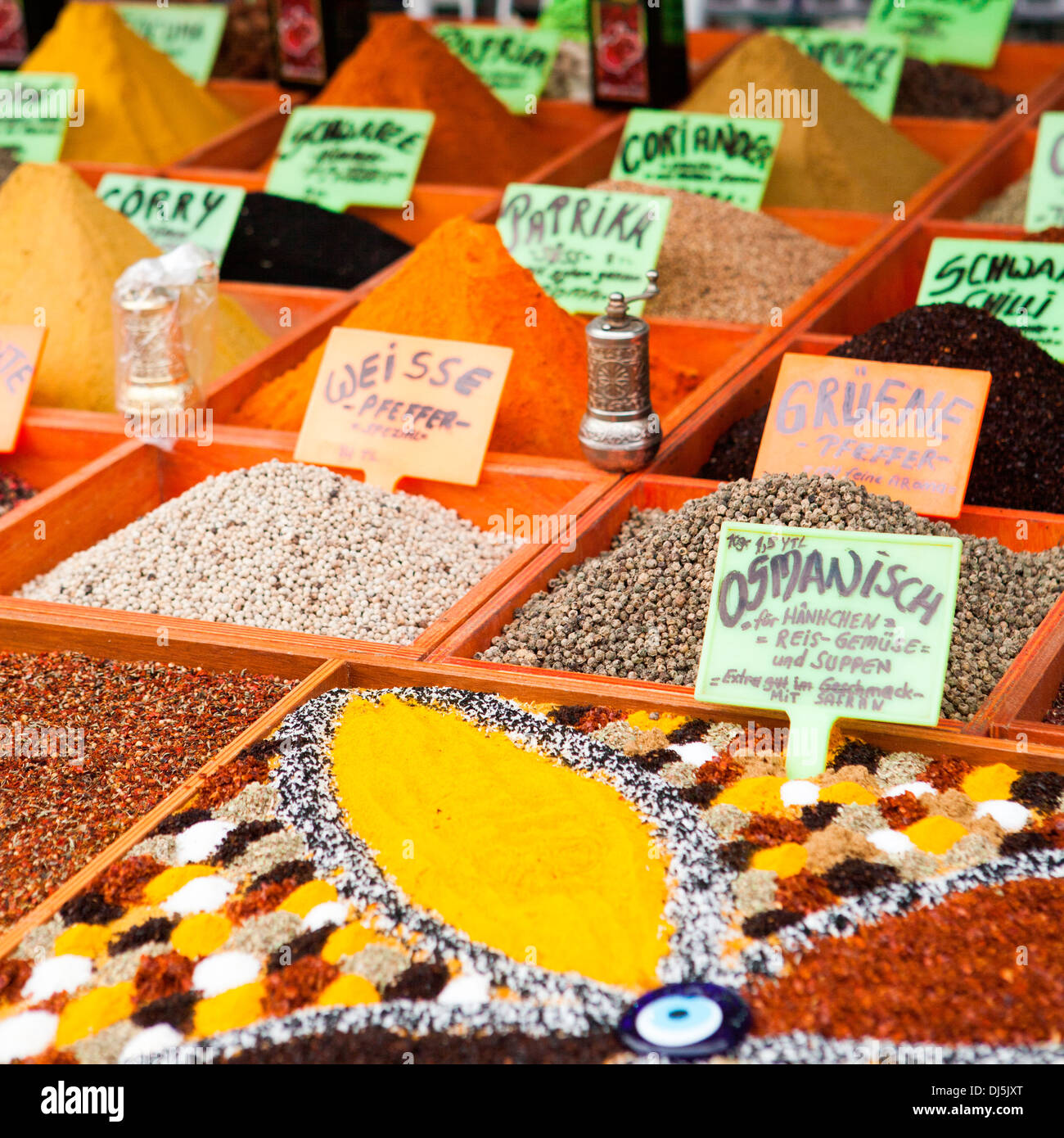 A colourful display of Turkish spices for sale at a traditional Bazaar ...