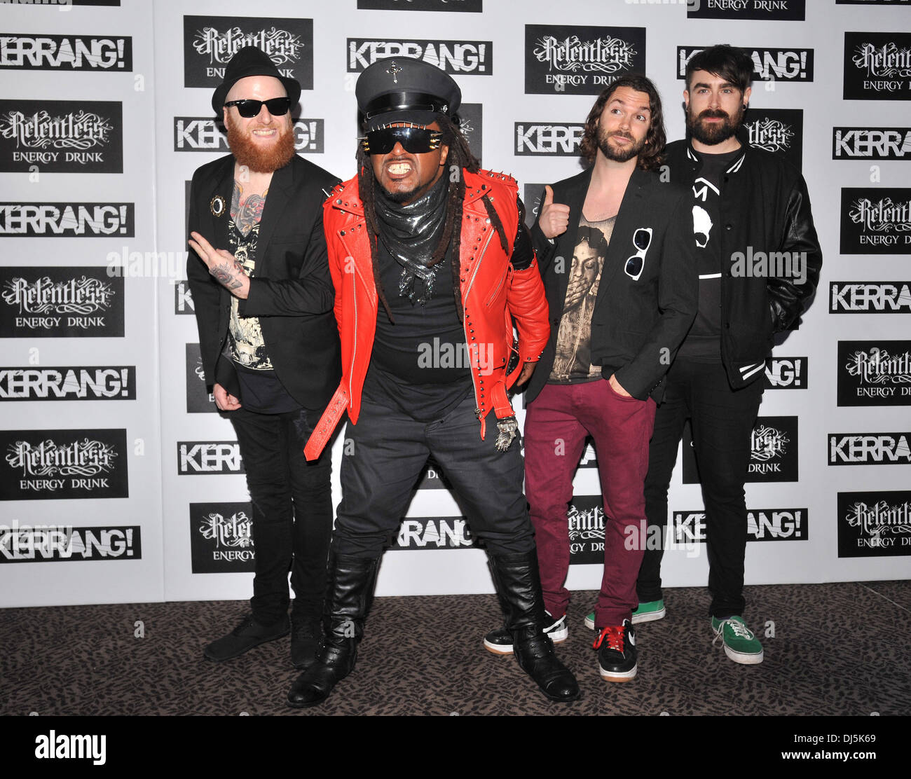 Michael Fry, Benji Webbe, Arya Goggin and Daniel Pugsley of Skindred ...