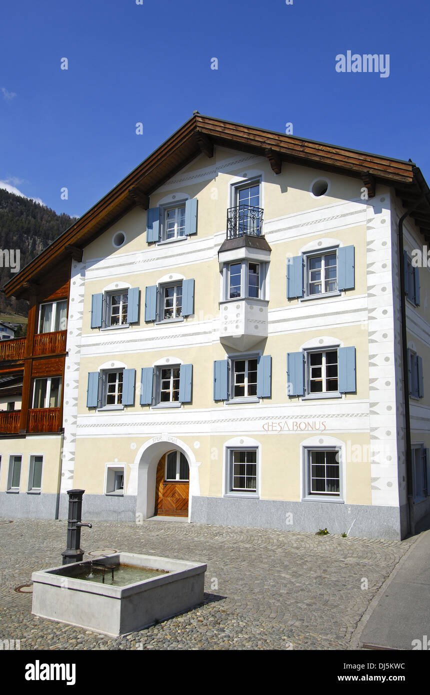 Engadin house, fountain Stock Photo - Alamy
