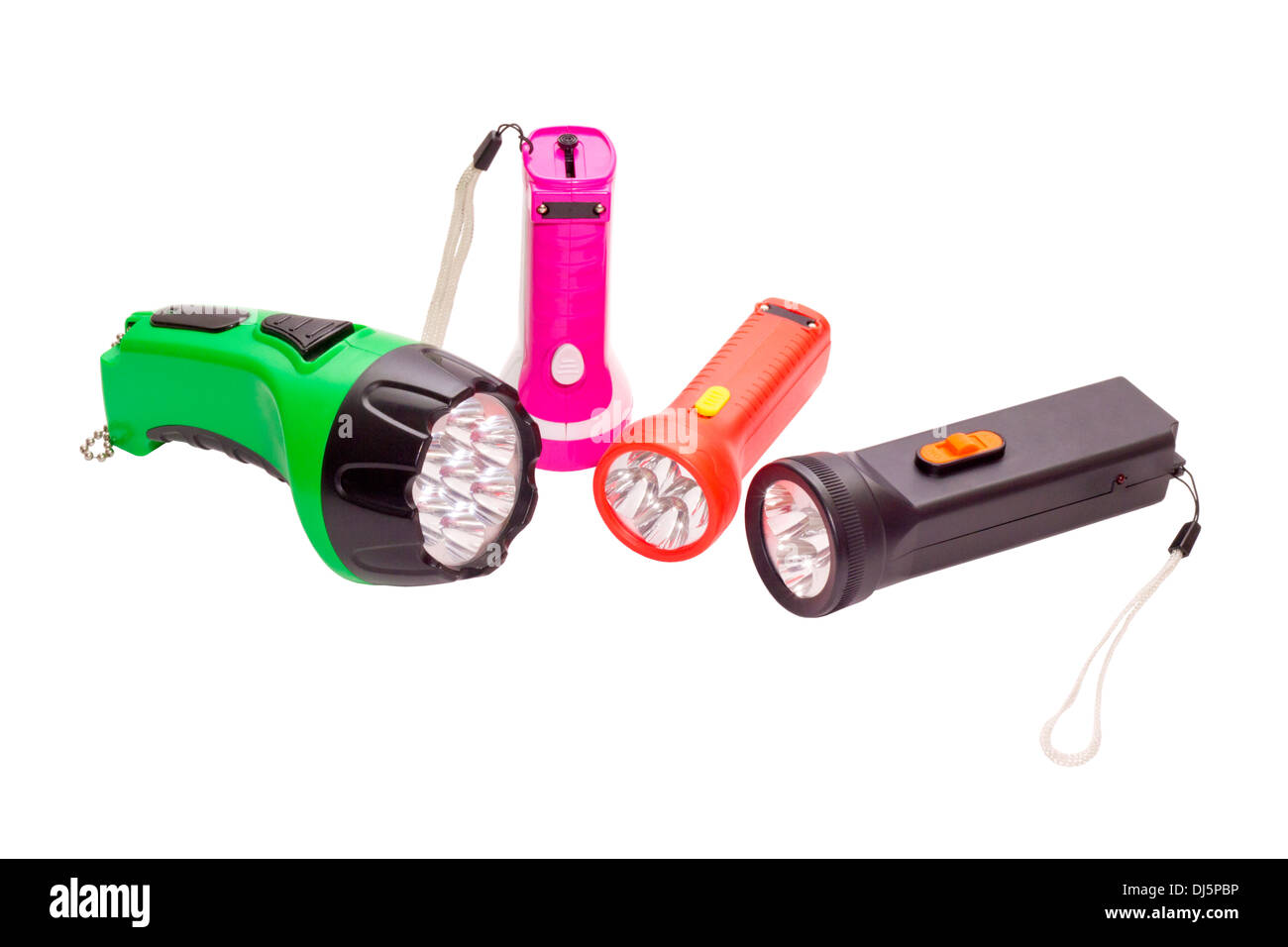 four differently colored LED flashlight on a white background Stock ...