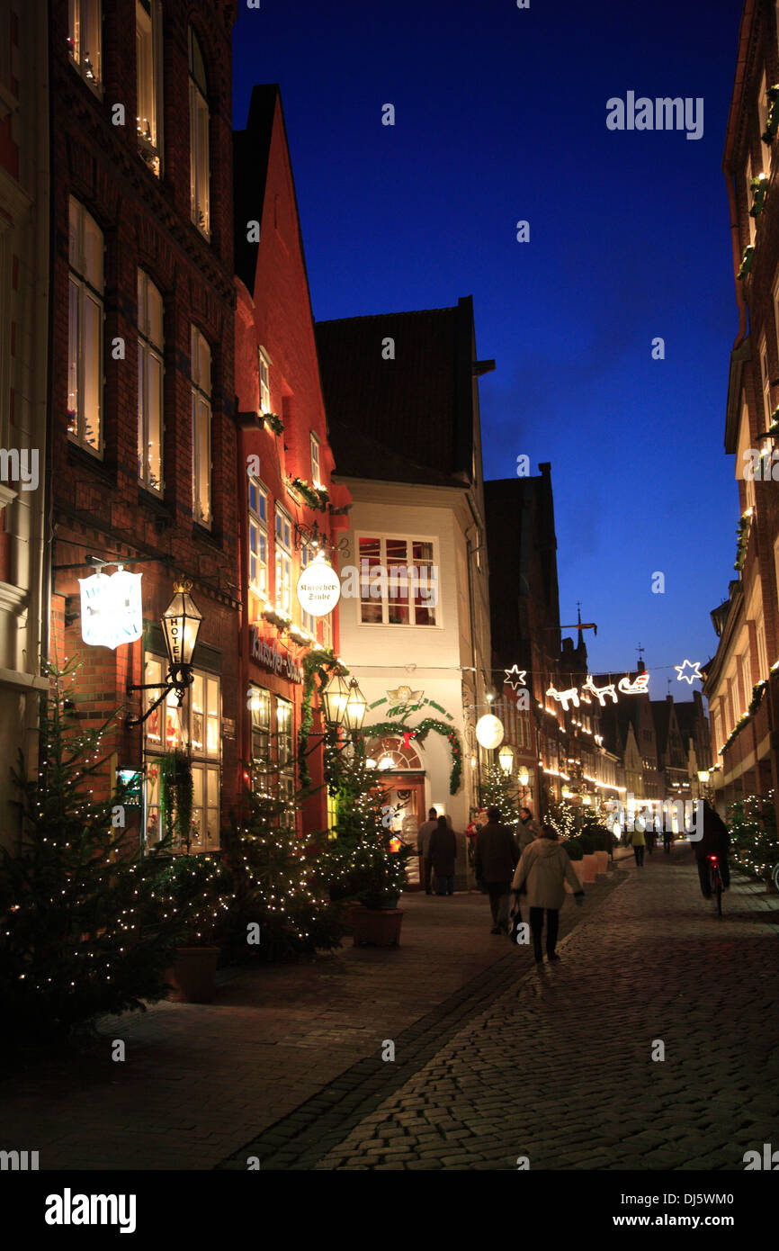 Christmas trees at Heiligengeiststrasse, Lueneburg, Lower Saxony ...