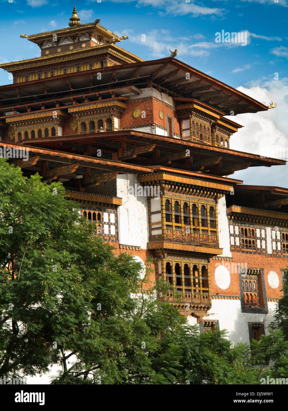 Bhutan, Punakha Dzong, Monastery prayer hall tower, decorated wooden ...