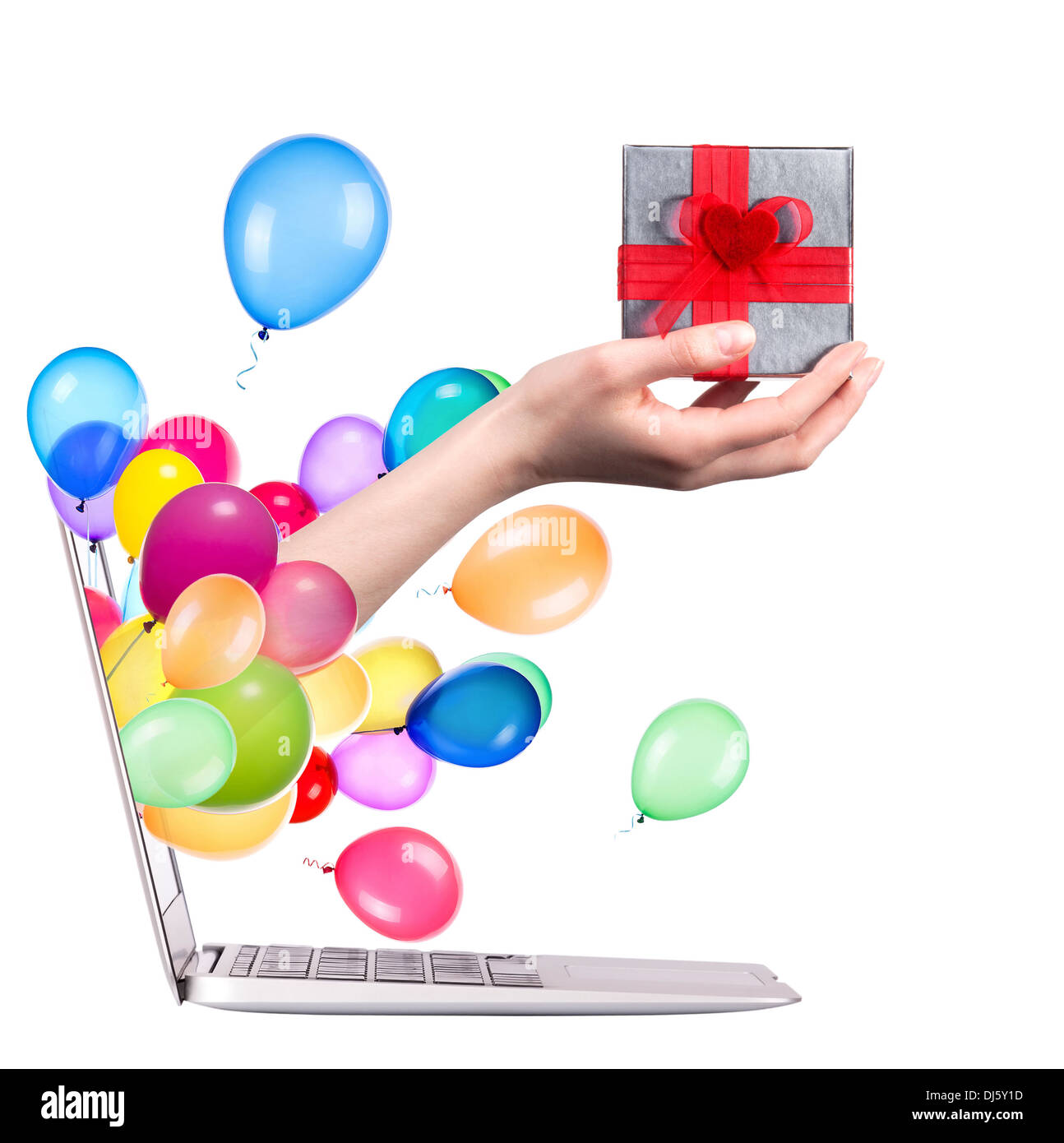 hand with a gift and balloons come out from a screen of a laptop ...