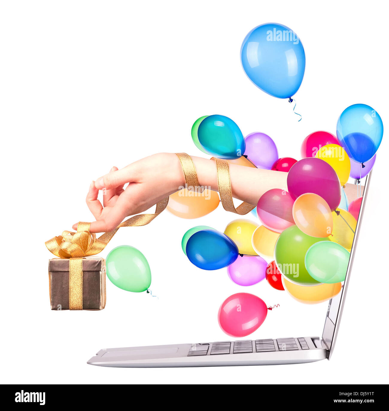 hand with a gift and balloons come out from a screen of a laptop ...