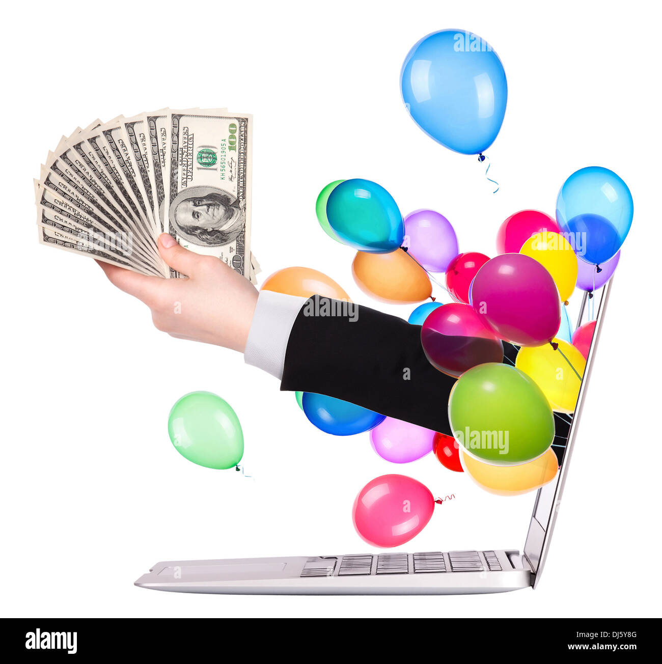 hand with money and balloons come out from a screen of a laptop ...