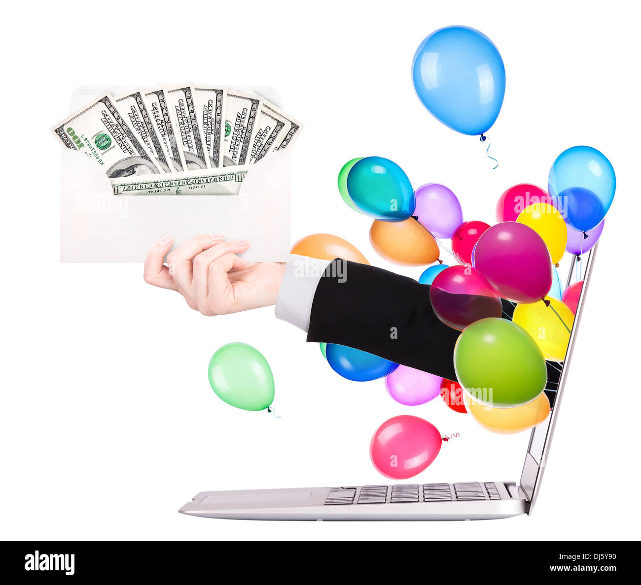 hand with money and balloons come out from a screen of a laptop ...