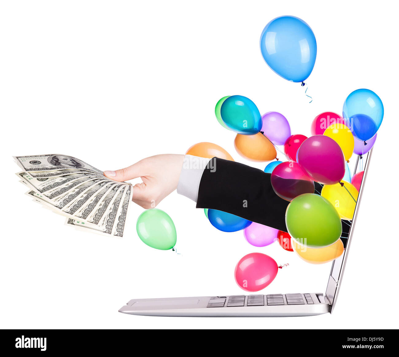 hand with money and balloons come out from a screen of a laptop ...