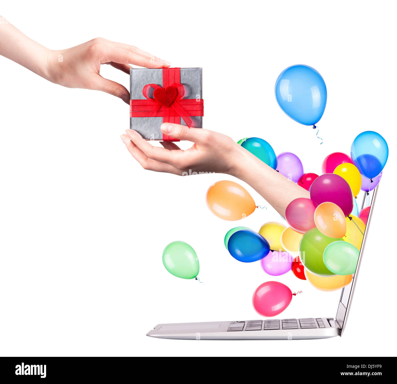 hand with a gift and balloons come out from a screen of a laptop ...