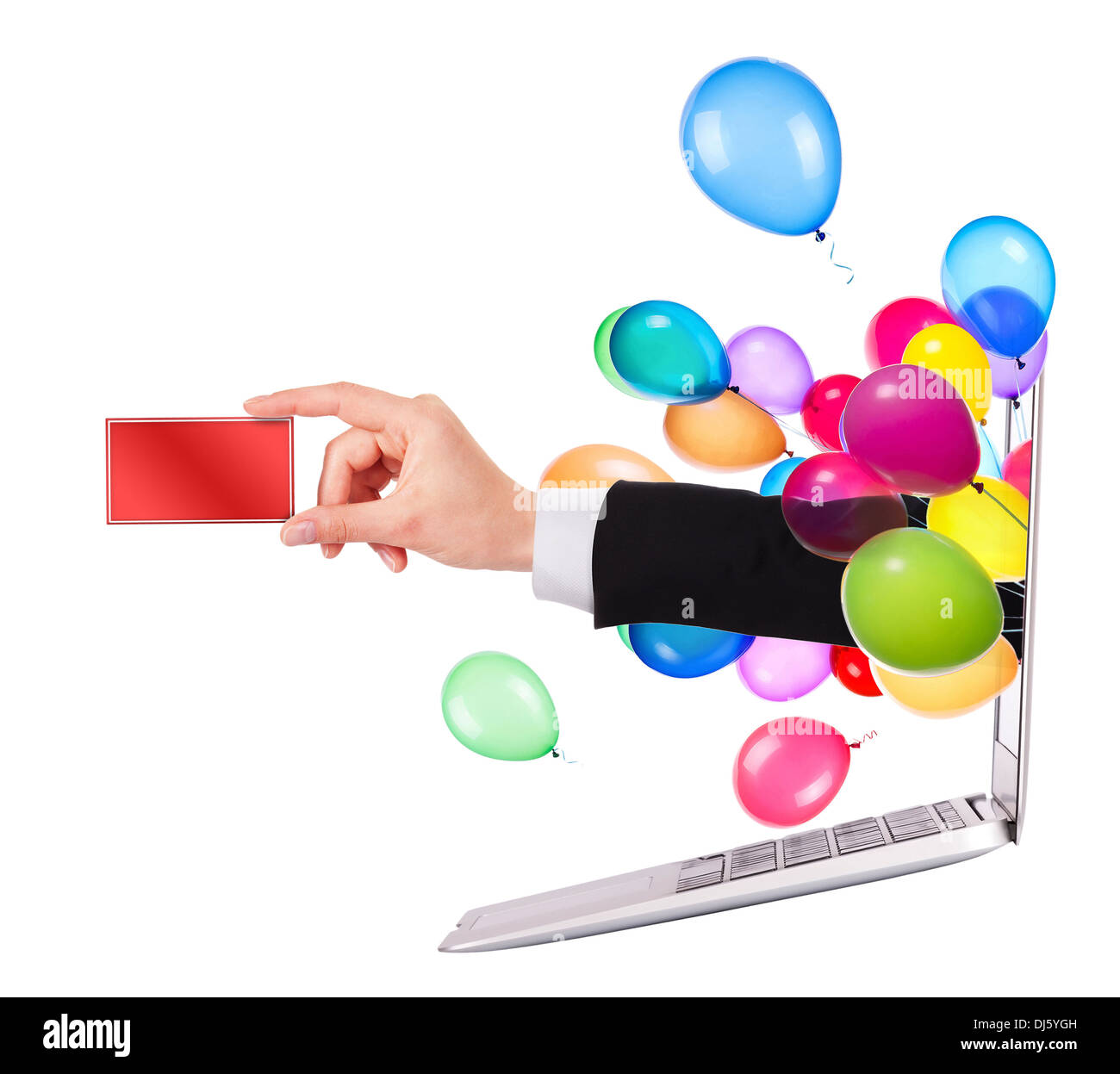 hand with a business card and balloons come out from a screen of a ...