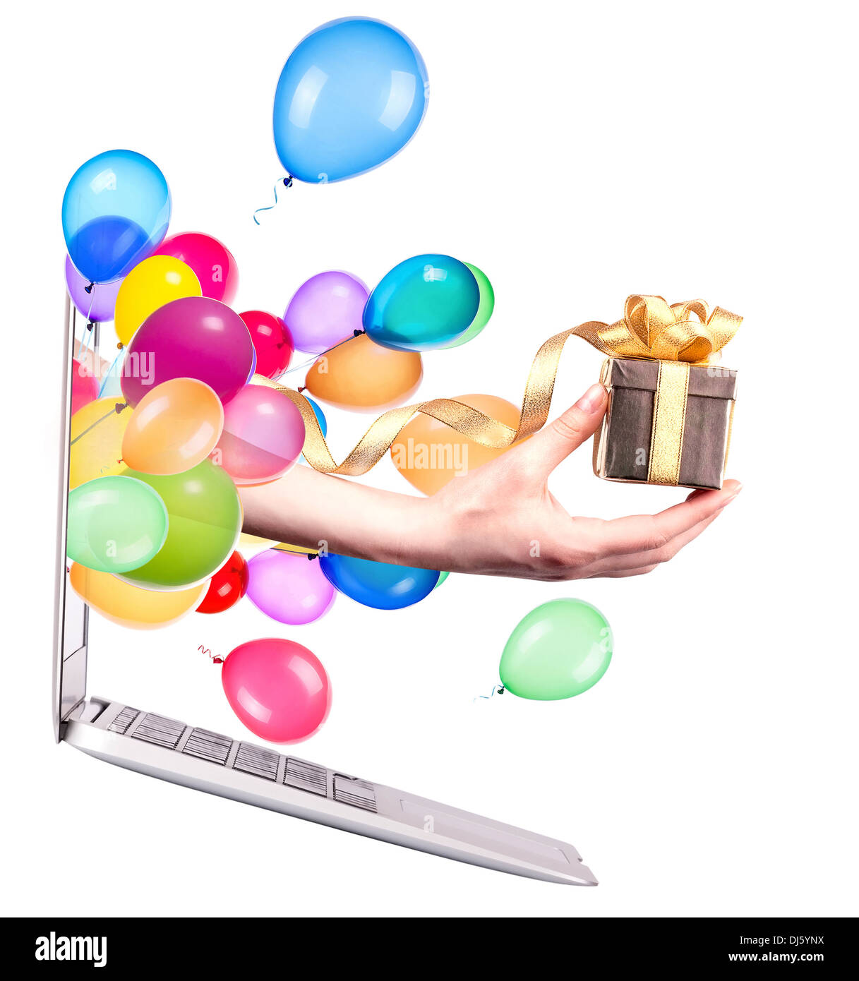 hand with a gift and balloons come out from a screen of a laptop ...
