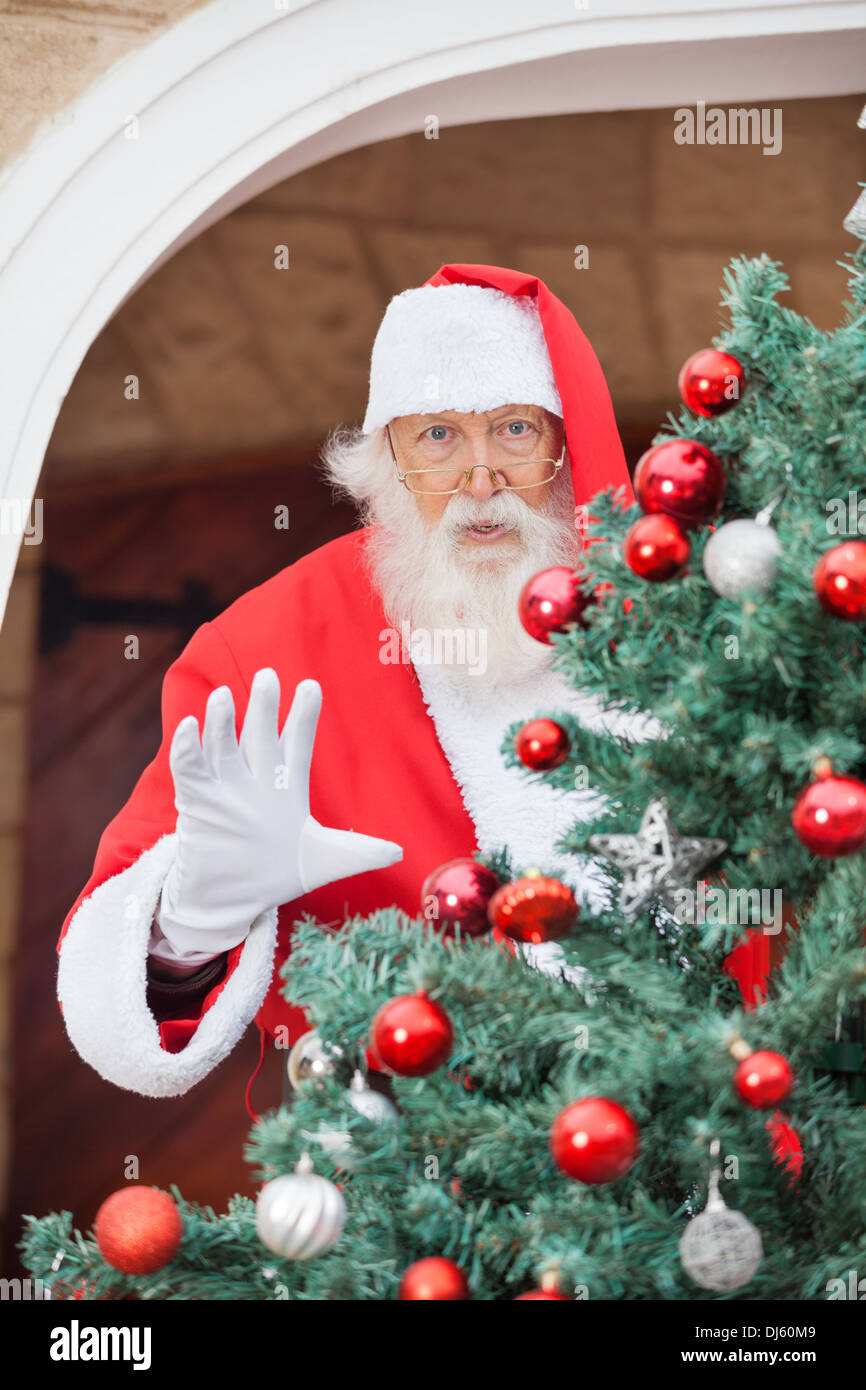 Santa Claus Gesturing From Christmas Tree Stock Photo - Alamy