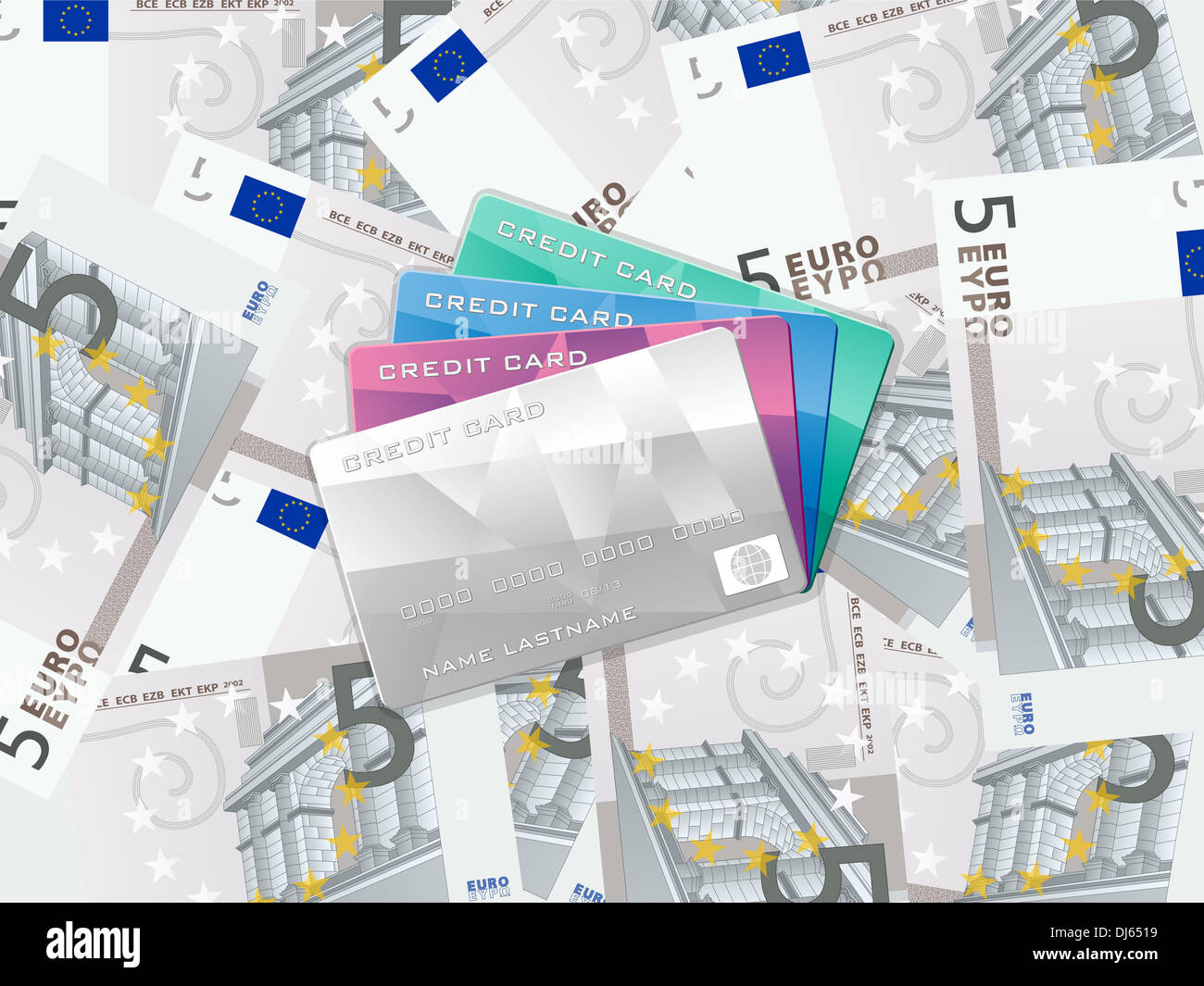 Credit cards on five euro banknotes background. Vector illustration ...