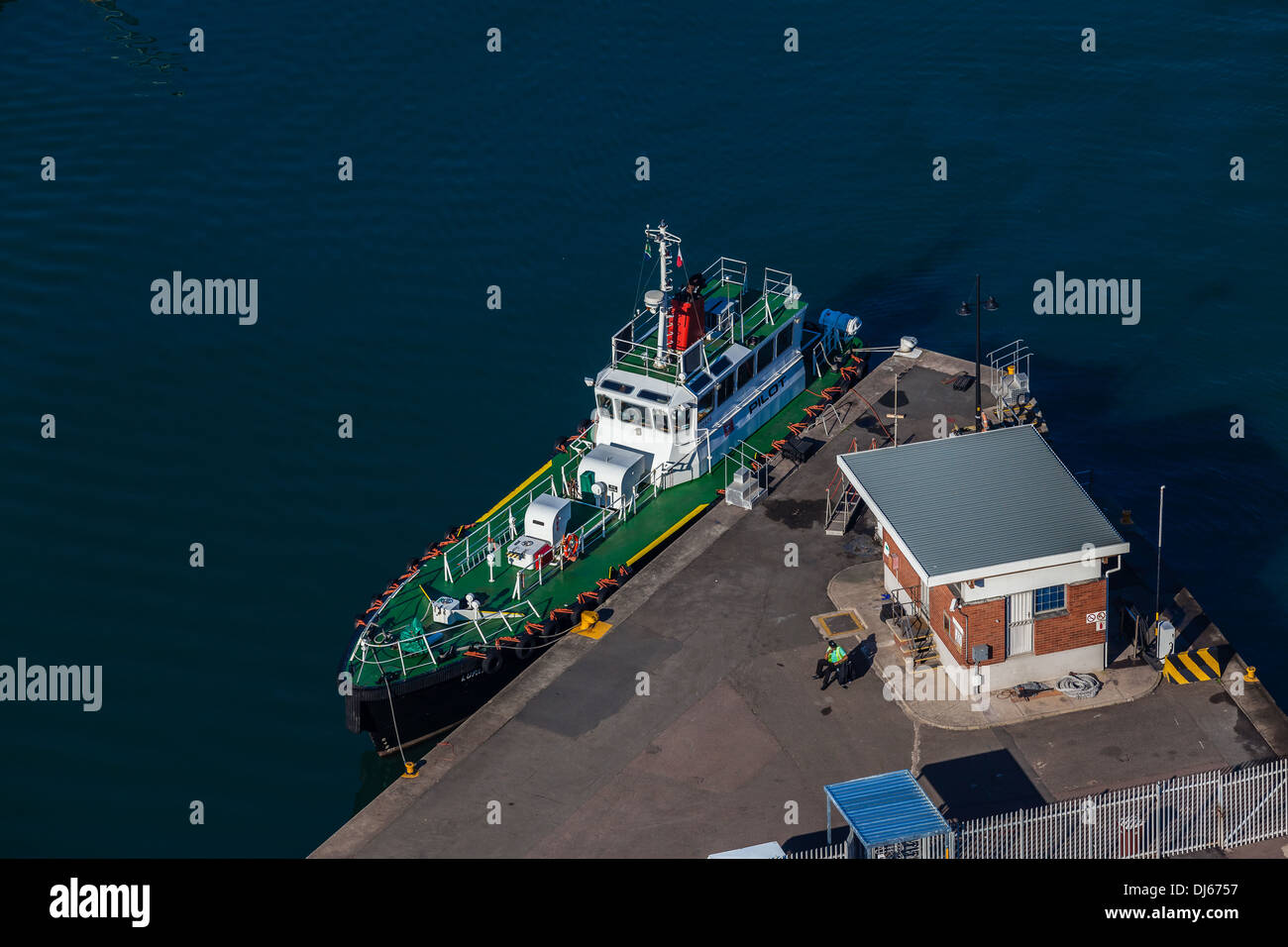 Harbor port tugs pilot assist boat vessels for ships a air flying birds ...