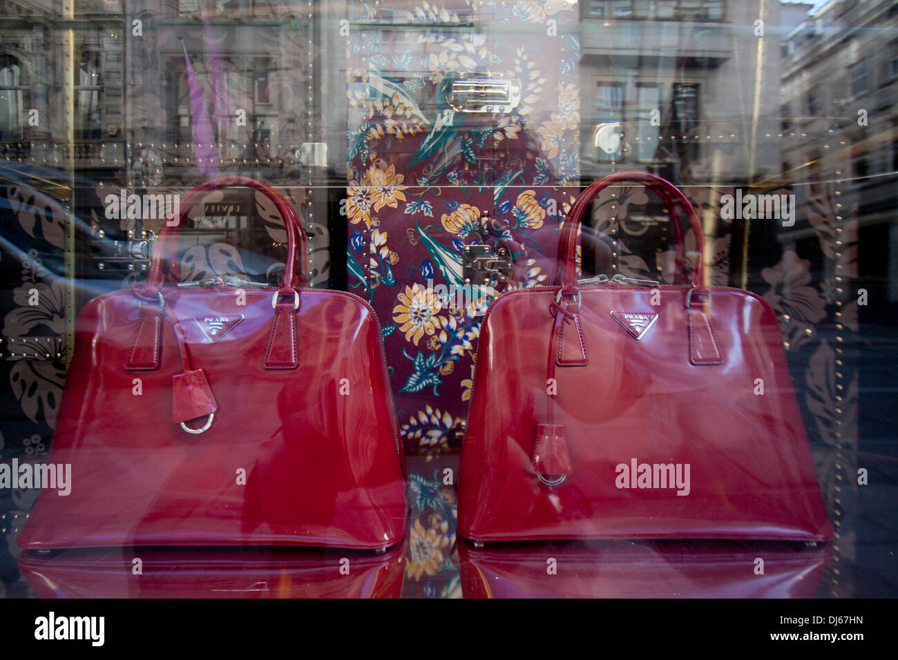 London UK. 22nd November 2013. A display of Prada handbags of the ...