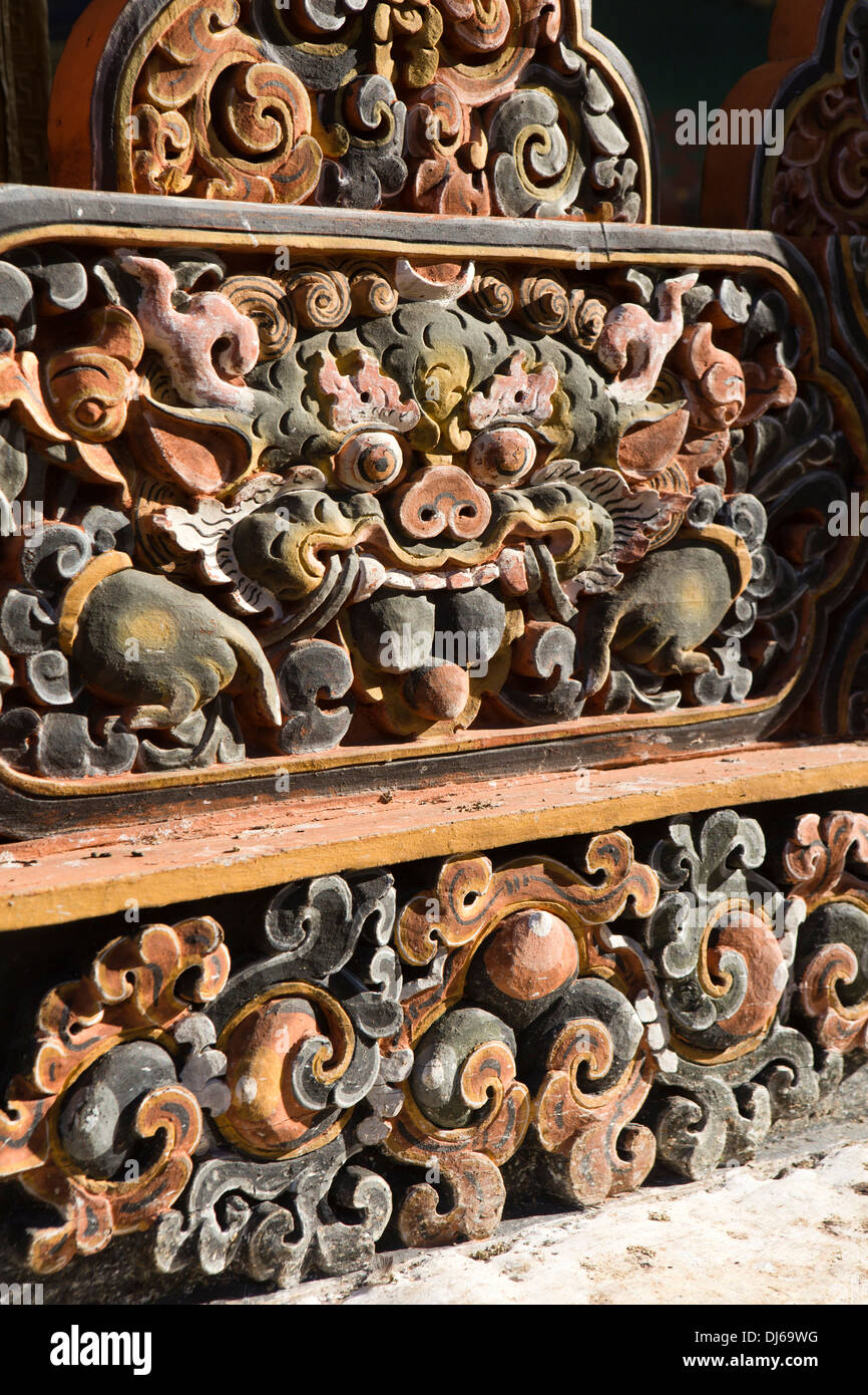Bhutan, Punakha Dzong, carved demon, decorative wooden panel Stock ...