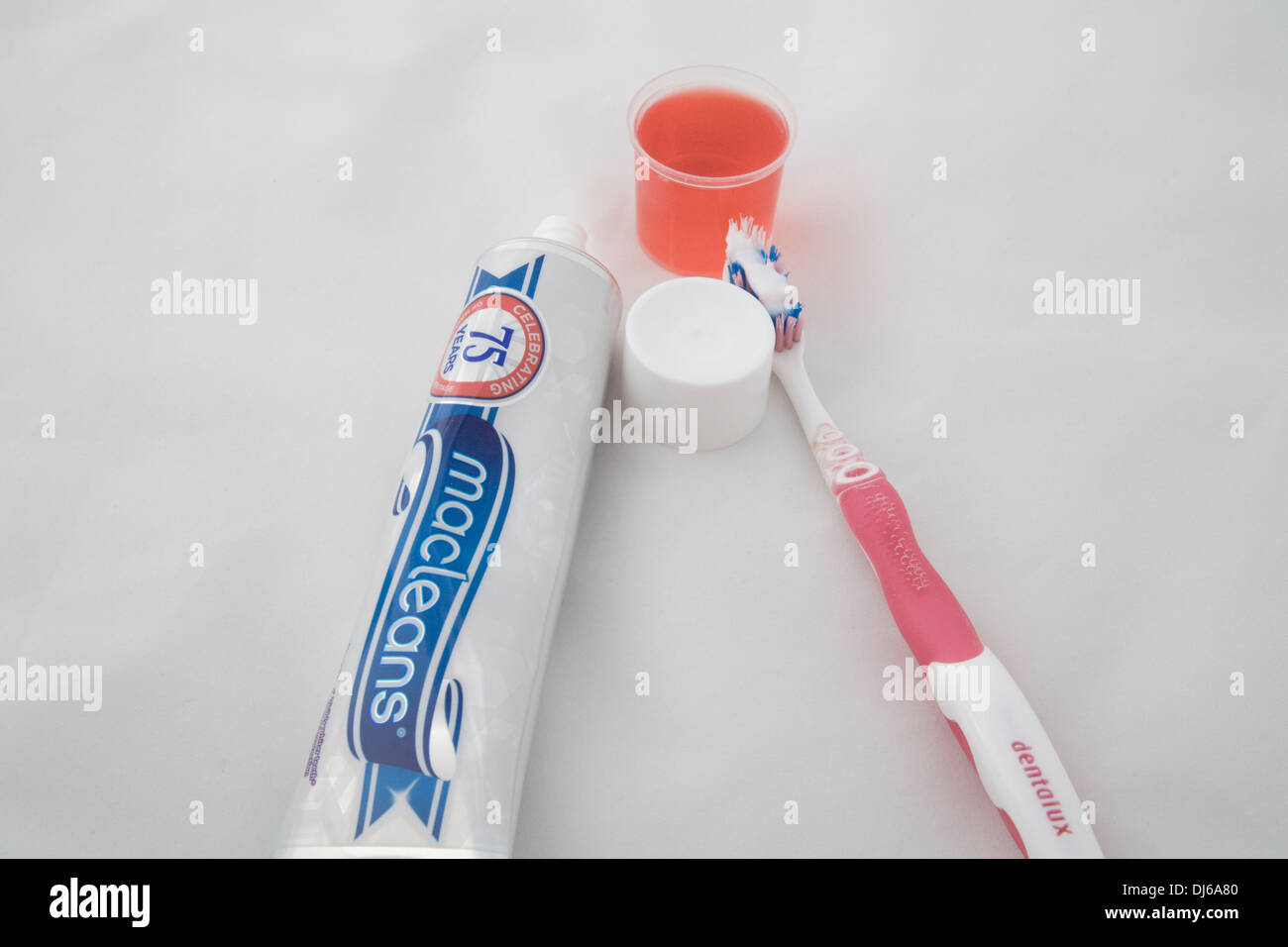 Close up Oral hygiene tube toothpaste toothbrush and mouthwash in ...