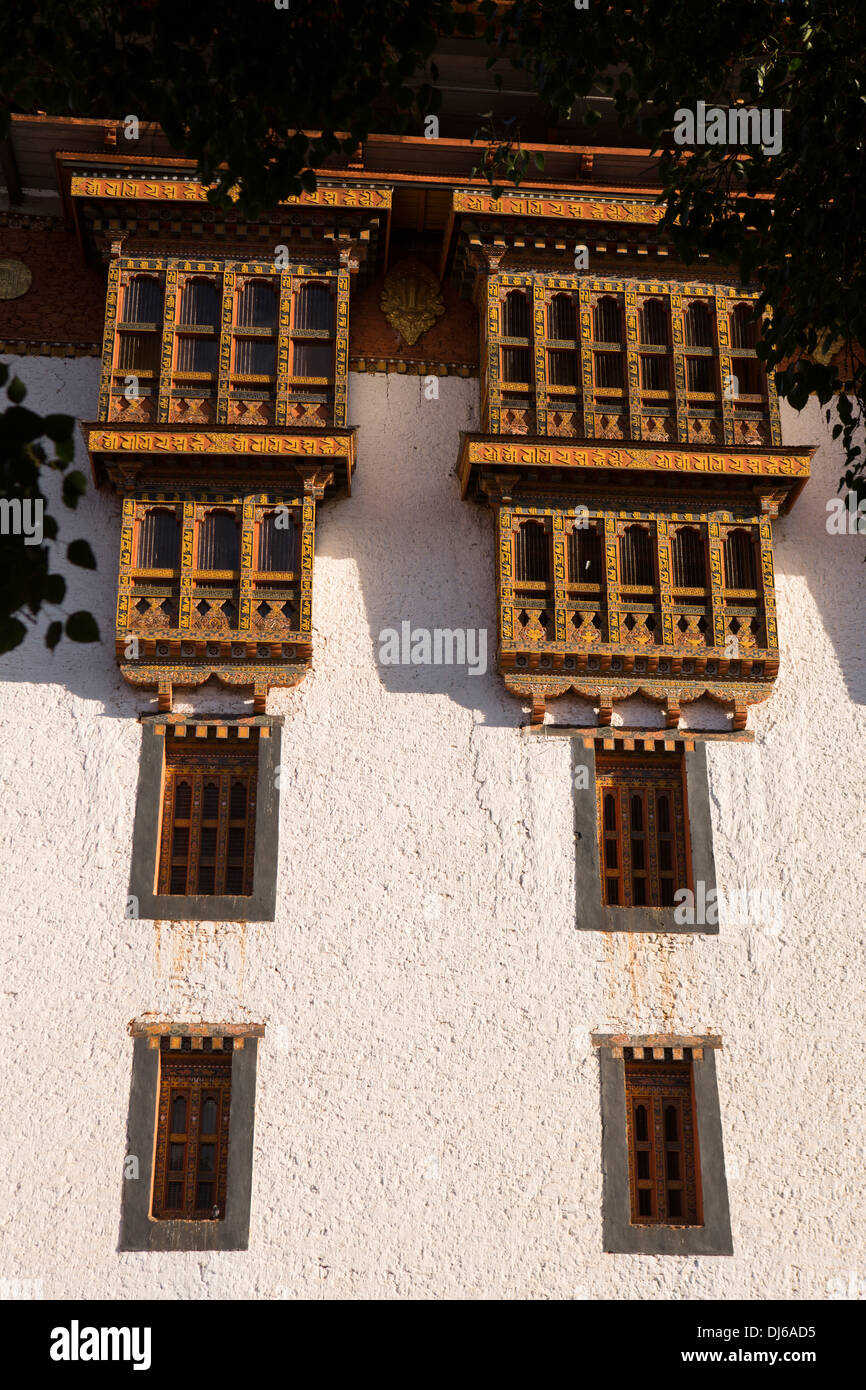 Bhutan, Punakha Dzong, carved wooden windows, with patterned decoration ...