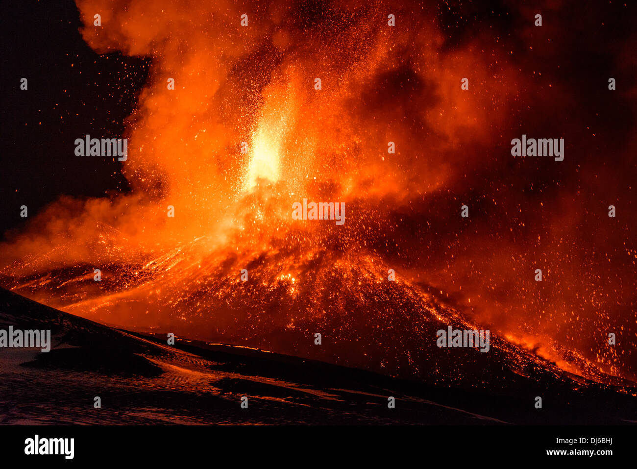 Eruption of Mt Etna volcano in November 2013, night-time violent ...
