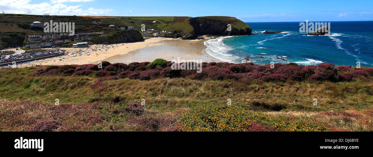 View overlooking the beach at Portreath village; Cornwall; England; UK ...