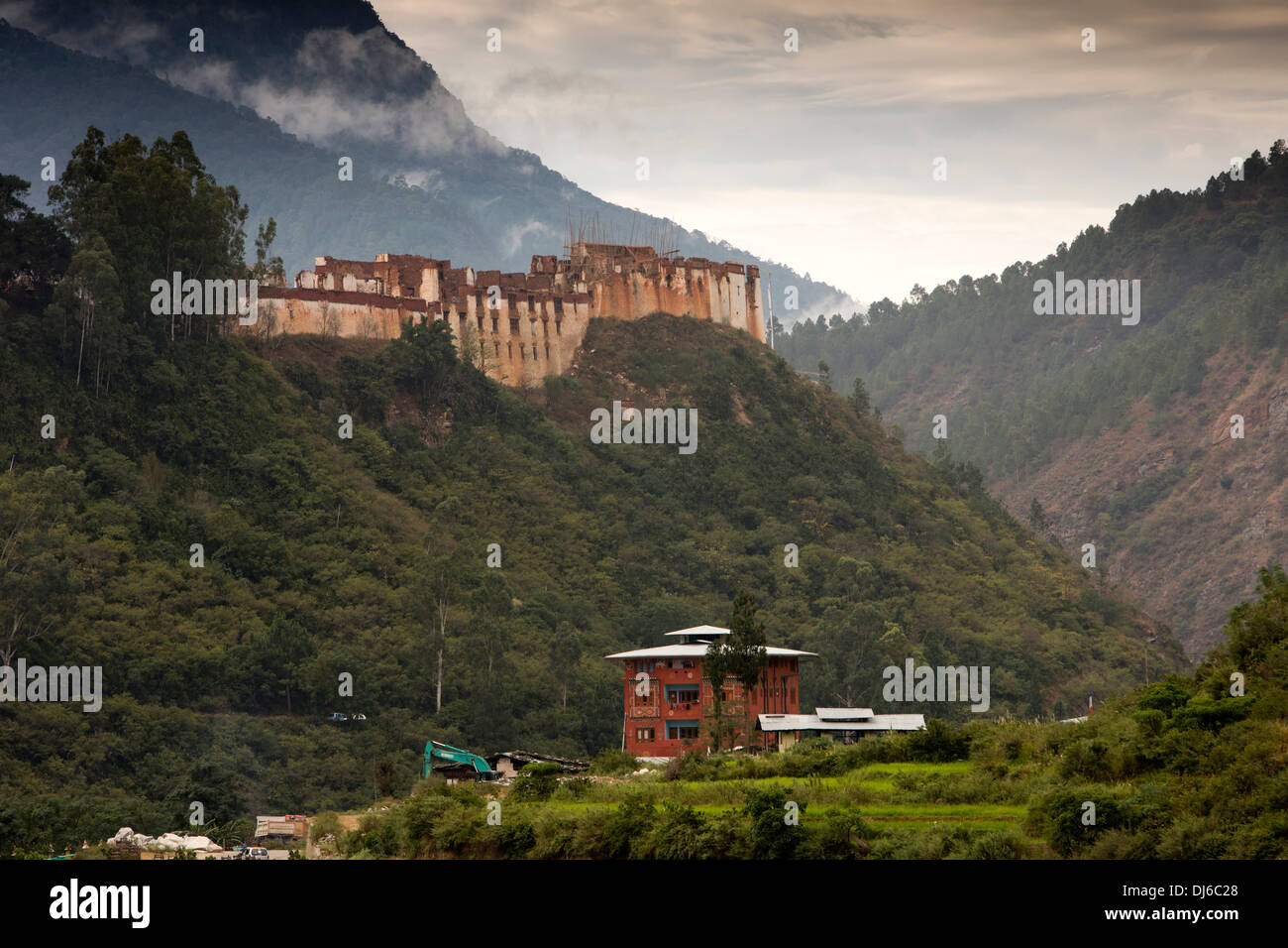 Bhutan, Wangdue Phodrang, fire-destroyed ruins of Dzong on ridge above ...
