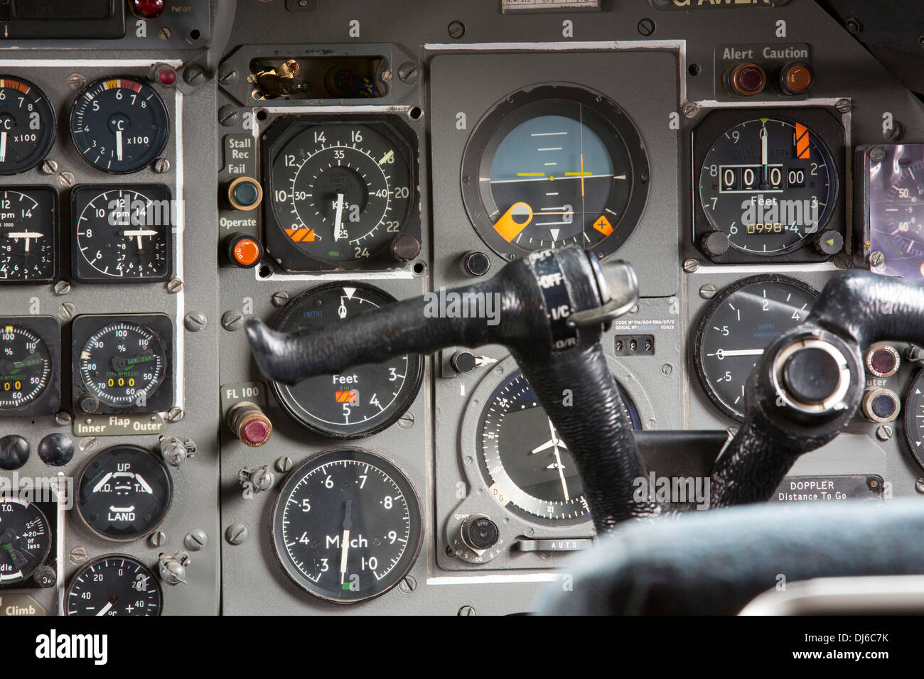 The control deck in the cabin of an old Trident airplane at Manchester ...