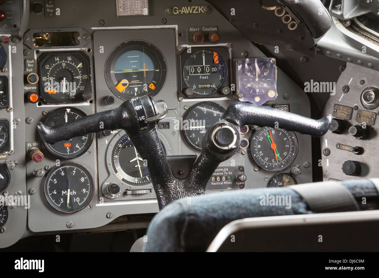 The control deck in the cabin of an old Trident airplane at Manchester ...